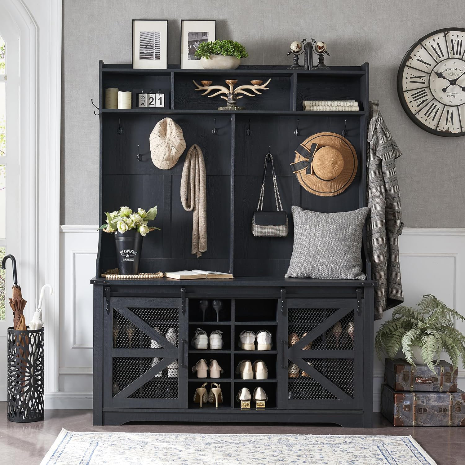 AGROTECH AVS 42" Farmhouse Hall Tree with Shoe Storage, Entryway Bench with 12 Cubbies, 7 Hooks ...